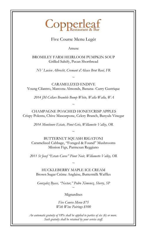 Copperleaf Restaurant & Bar menu in SeaTac, Washington, USA