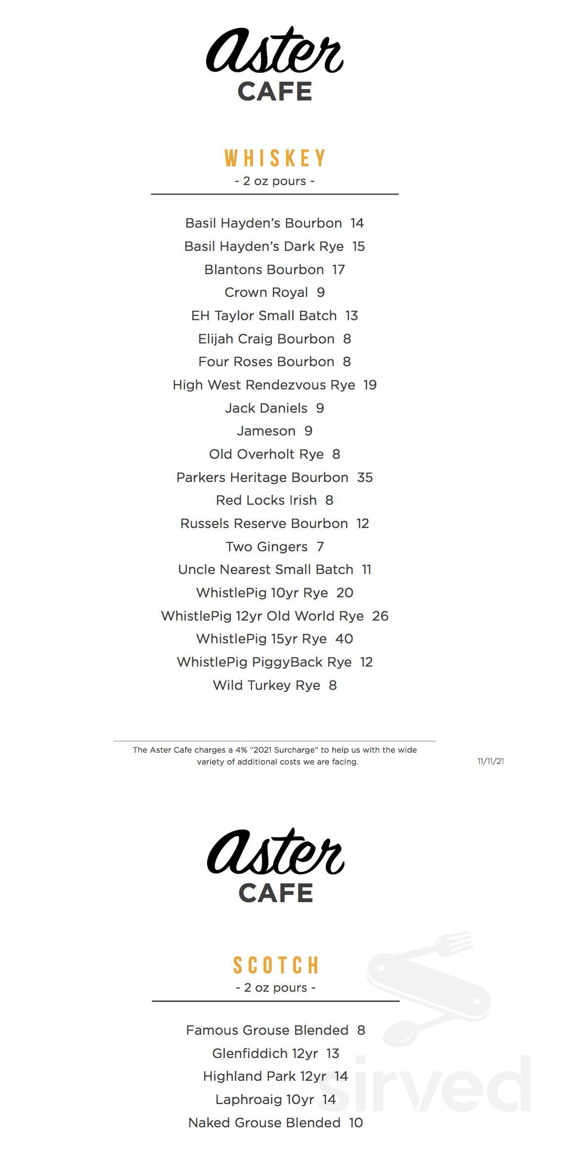 Aster Cafe menu in Minneapolis, Minnesota, USA