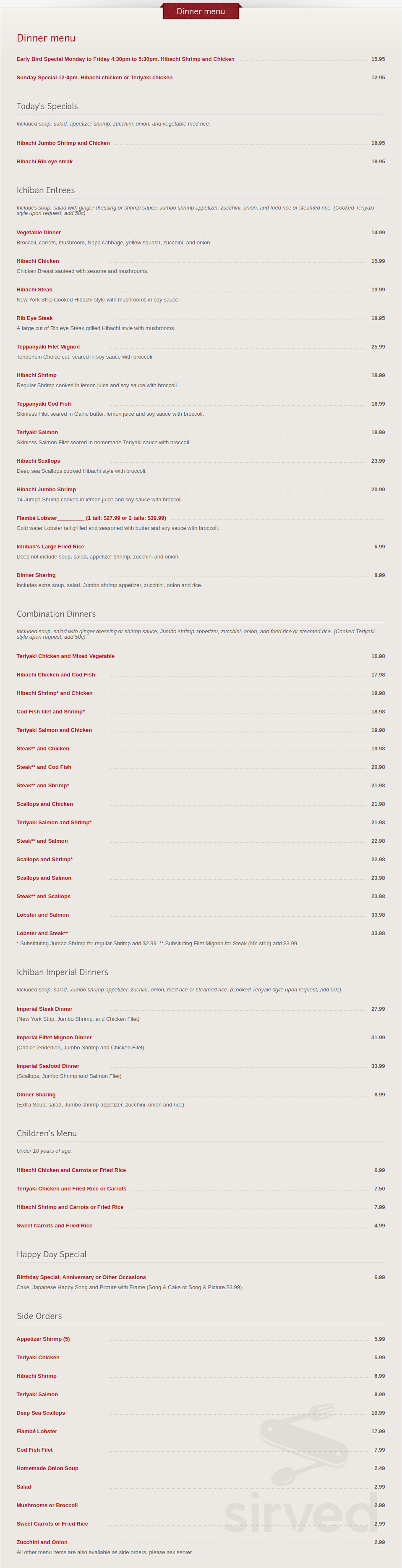 Menu for Ichiban Japanese Seafood Steakhouse in Salisbury, NC | Sirved