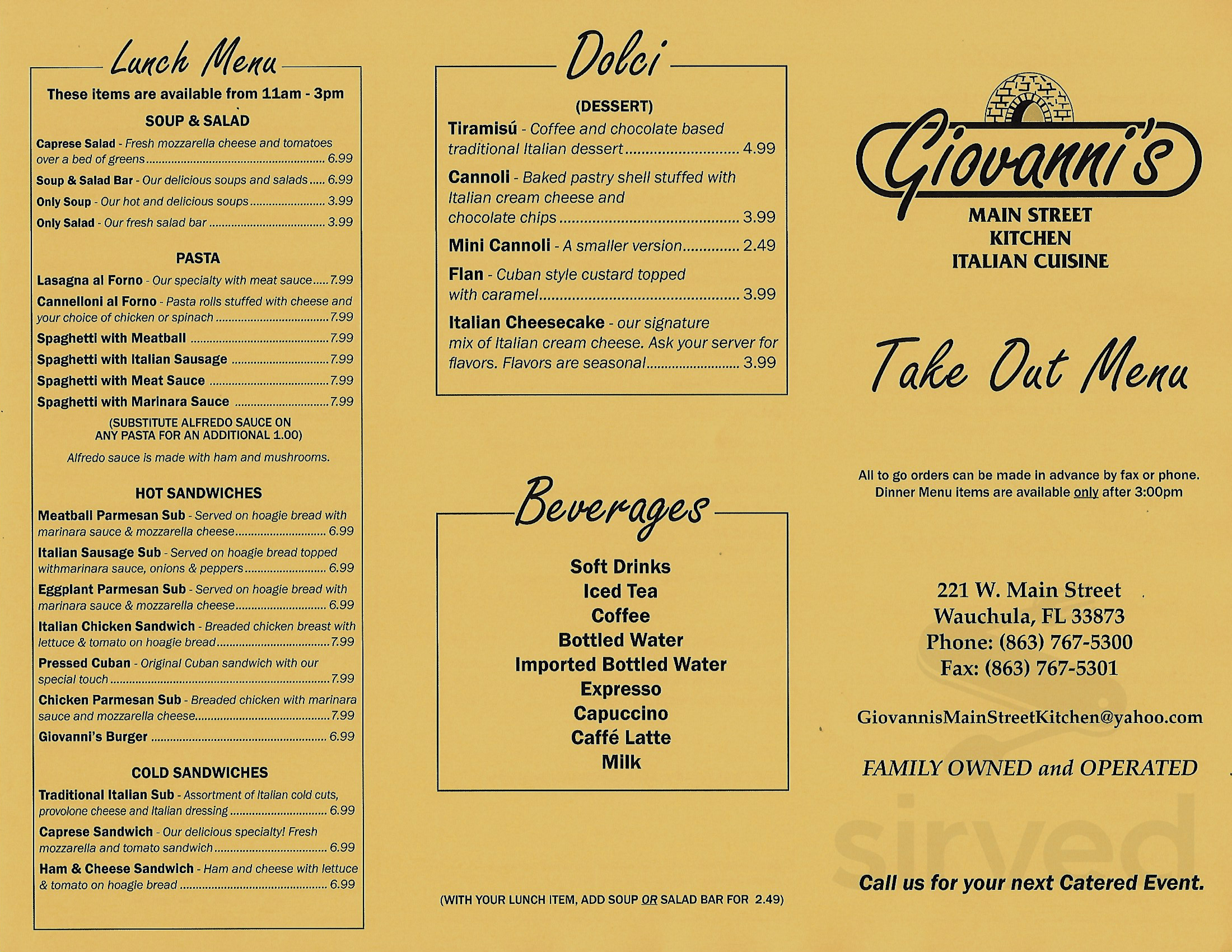 Menu for Giovanni's Main Street Kitchen in Wauchula, Florida, United States