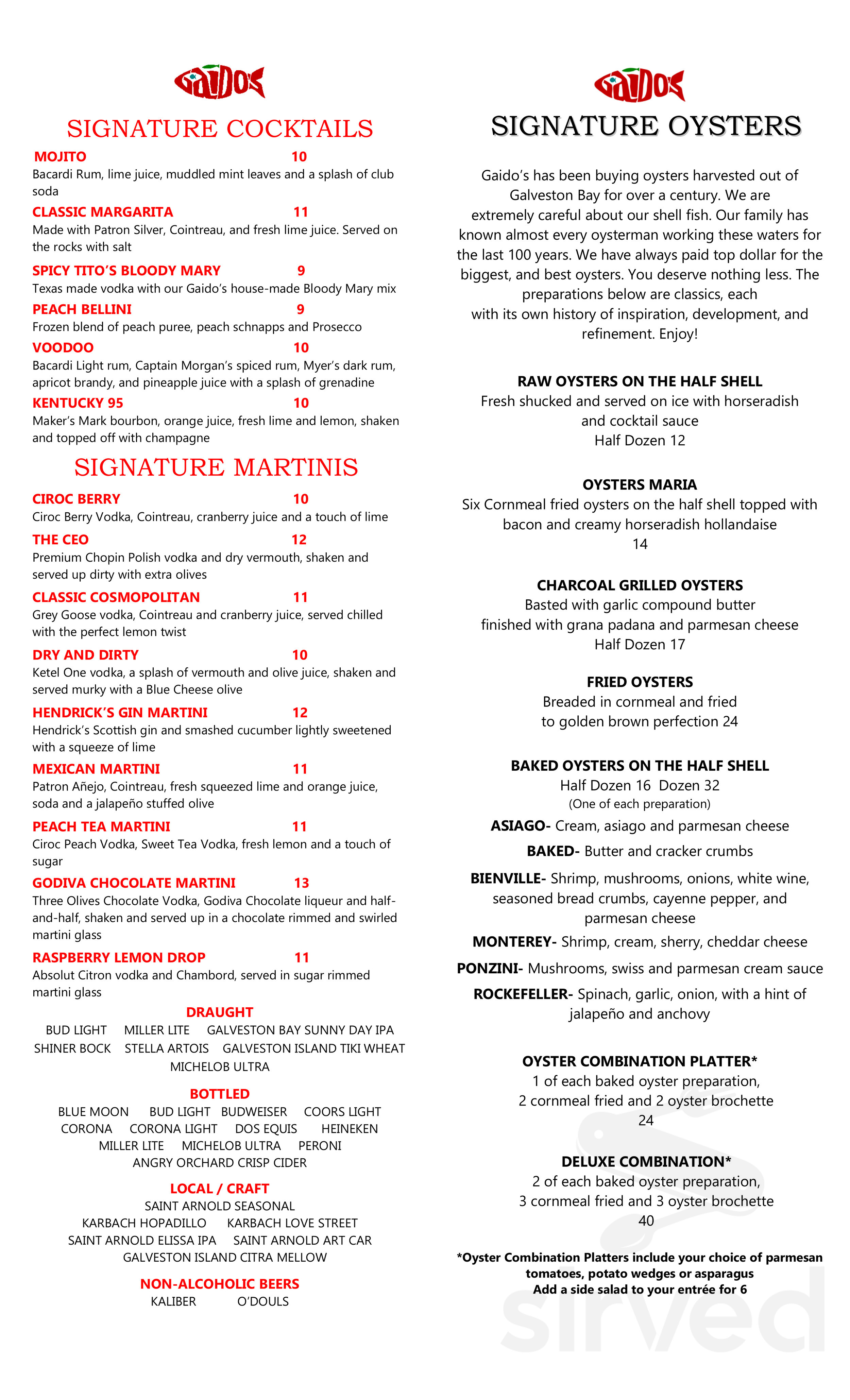 Menu Galveston TX s Gaido s Sirved