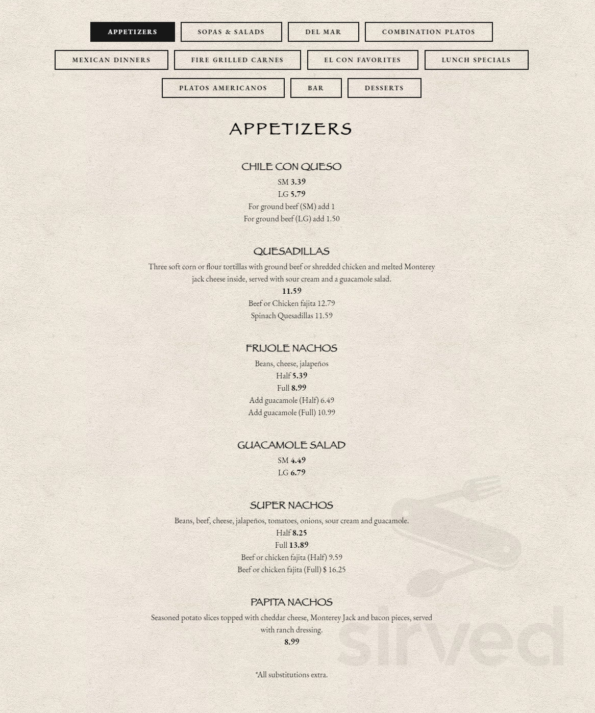 El Conquistador menu in Waco, Texas, USA
