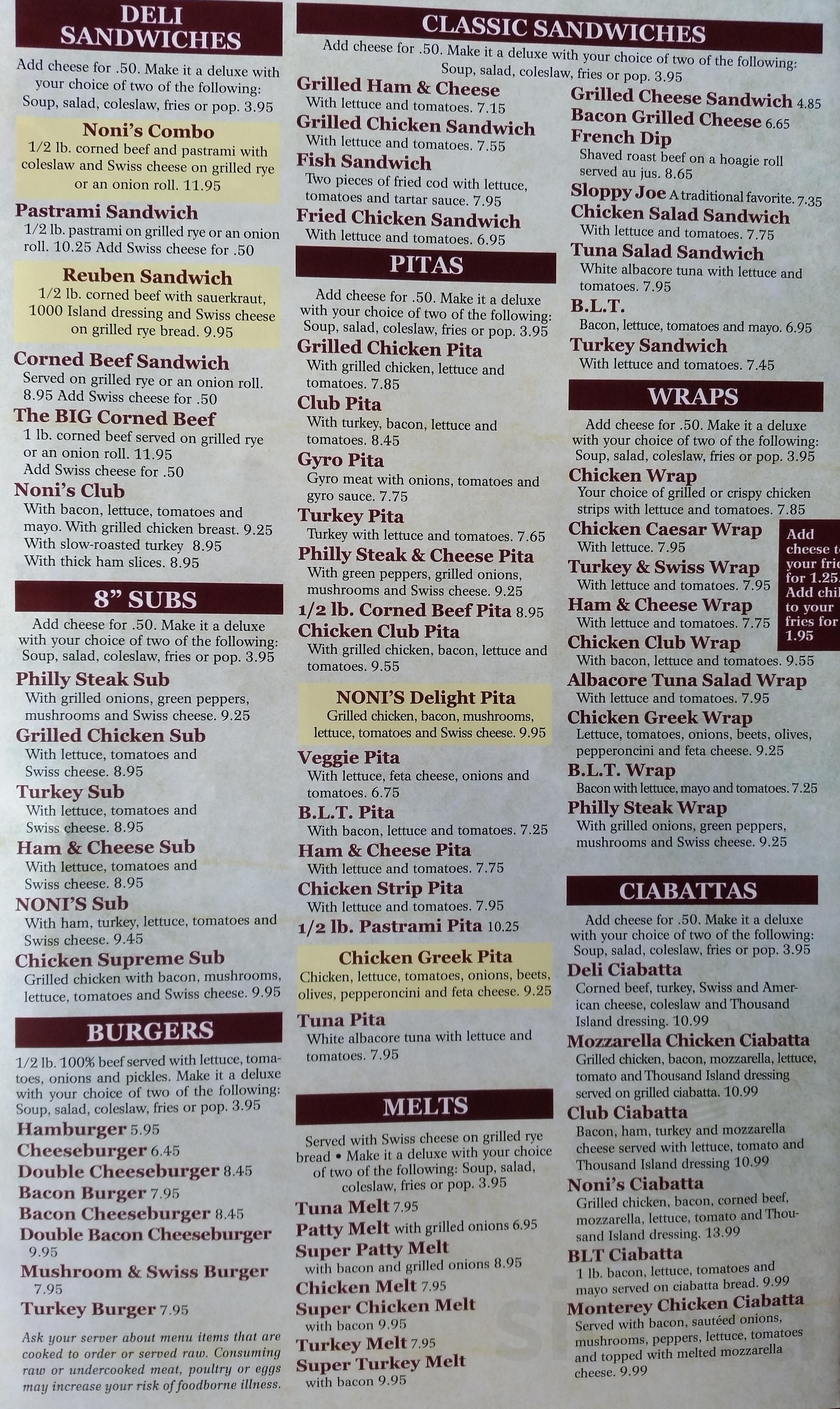 Noni's Grille of Troy menu in Troy, Michigan, USA