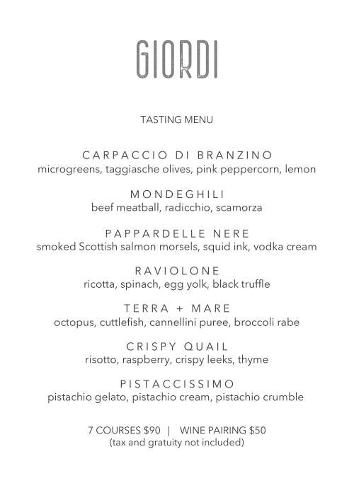 Giordi menu in Stuart, Florida, USA