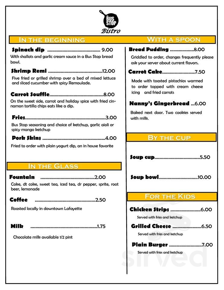 The Bus Stop Bistro menus in Carencro, Louisiana, United States