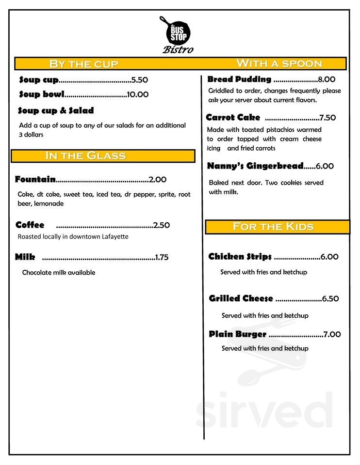 The Bus Stop Bistro menu in Carencro, Louisiana, USA