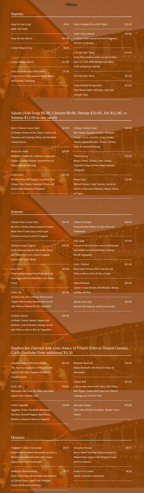 Café Julia Hawaii menu in Honolulu, Hawaii, USA