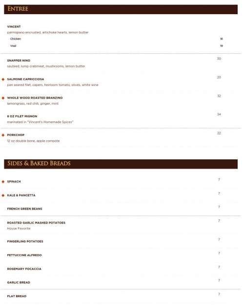 Vincent's menu in Houston, Texas, USA