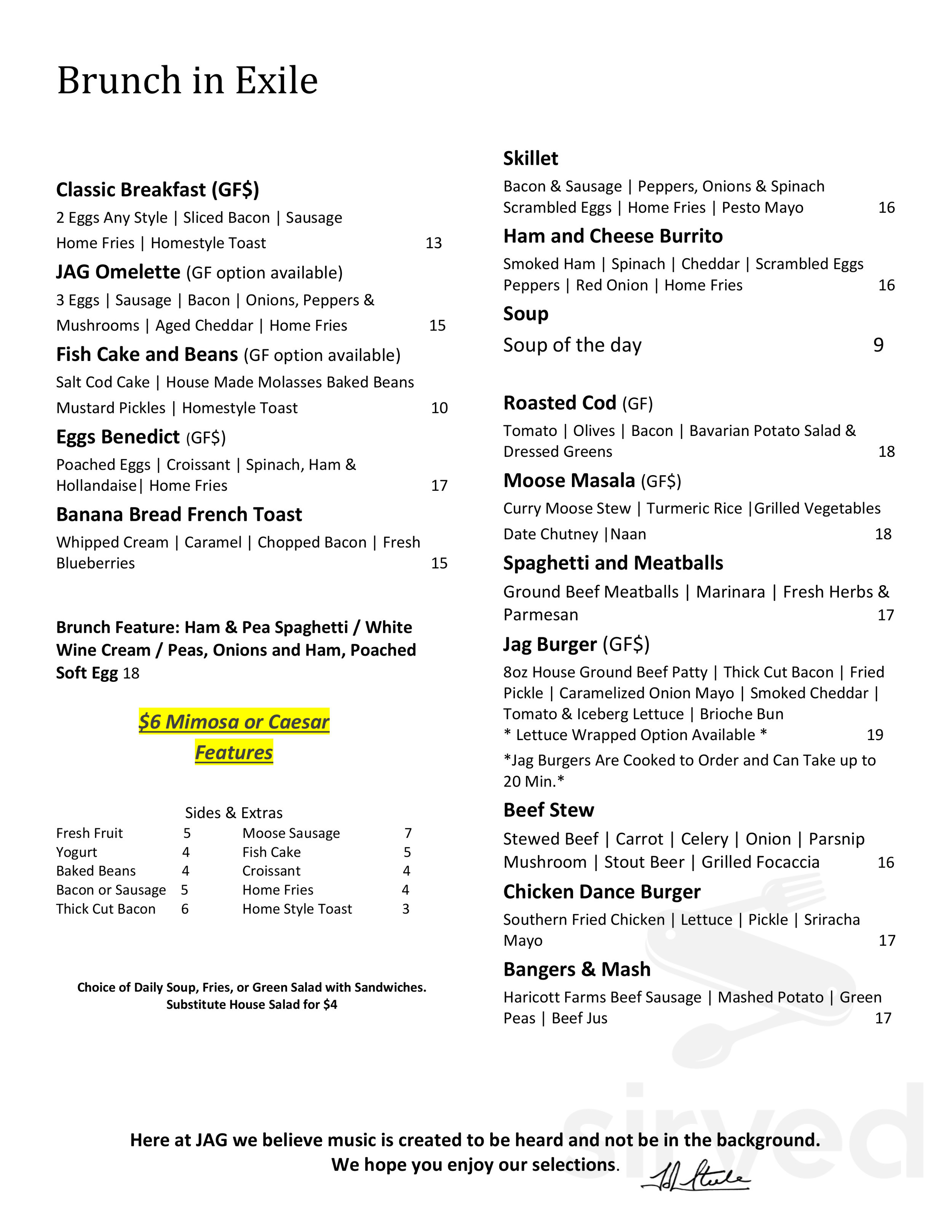 Exile Restaurant and Lounge menu in St. John's, Newfoundland and ...
