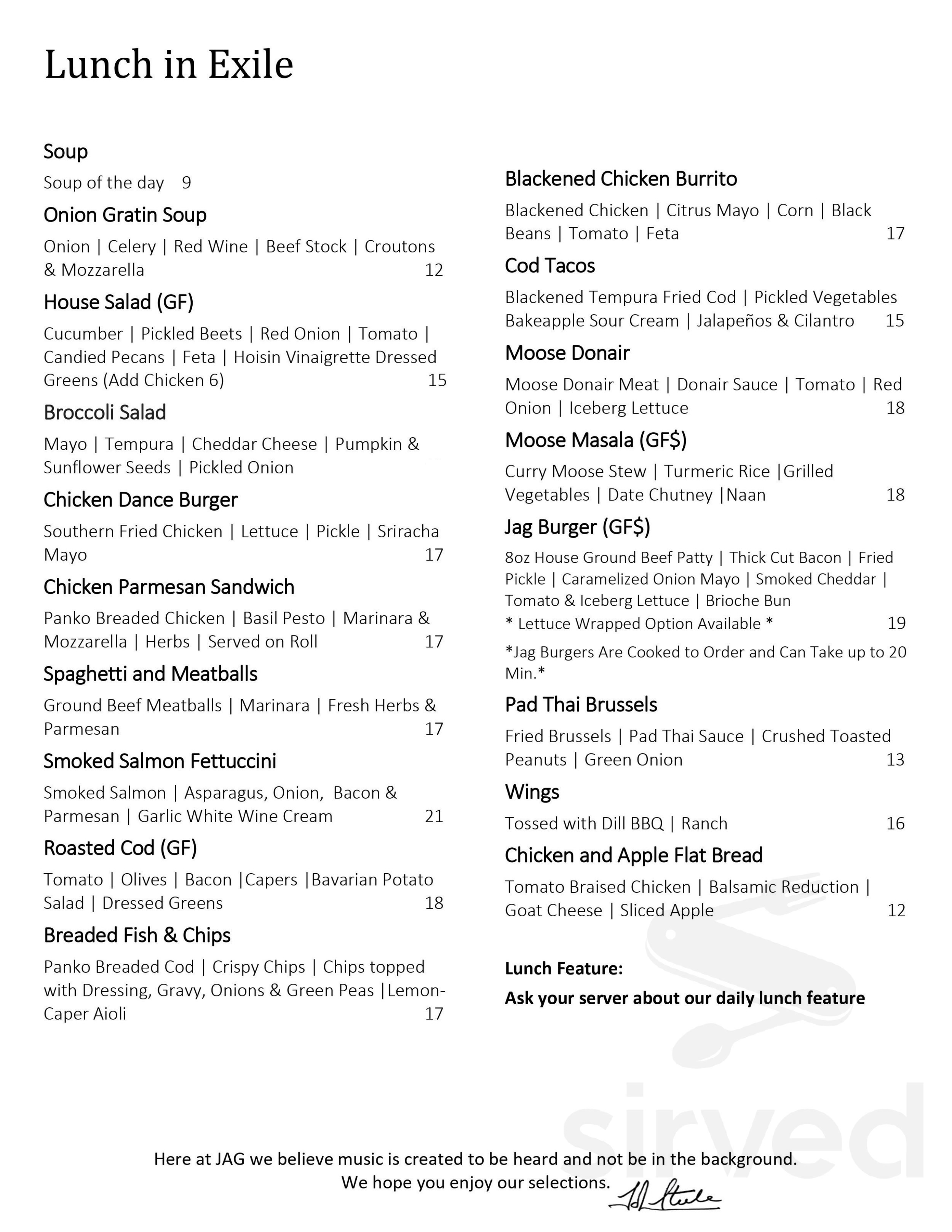 Exile Restaurant and Lounge menu in St. John's, Newfoundland and ...