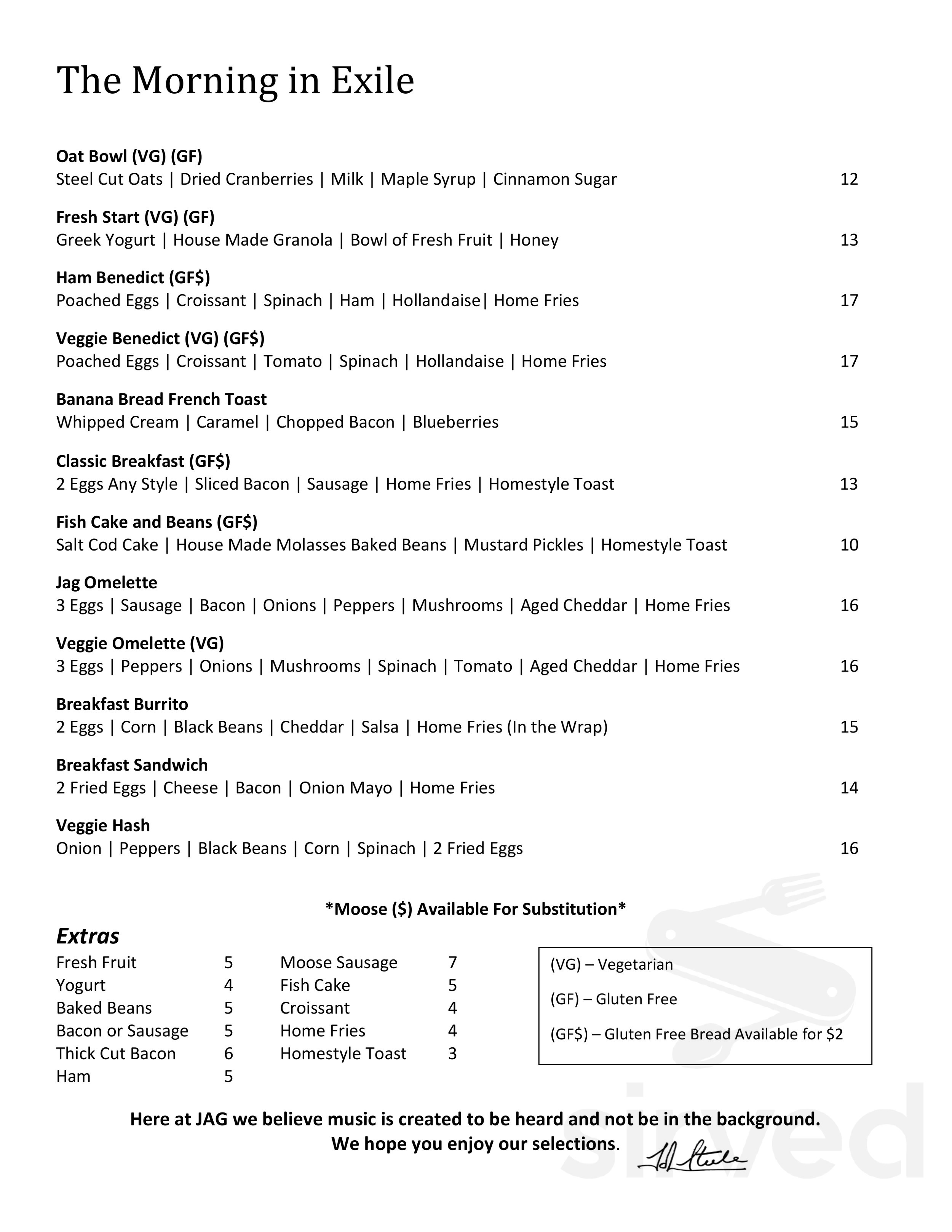 Exile Restaurant and Lounge menu in St. John's, Newfoundland and ...