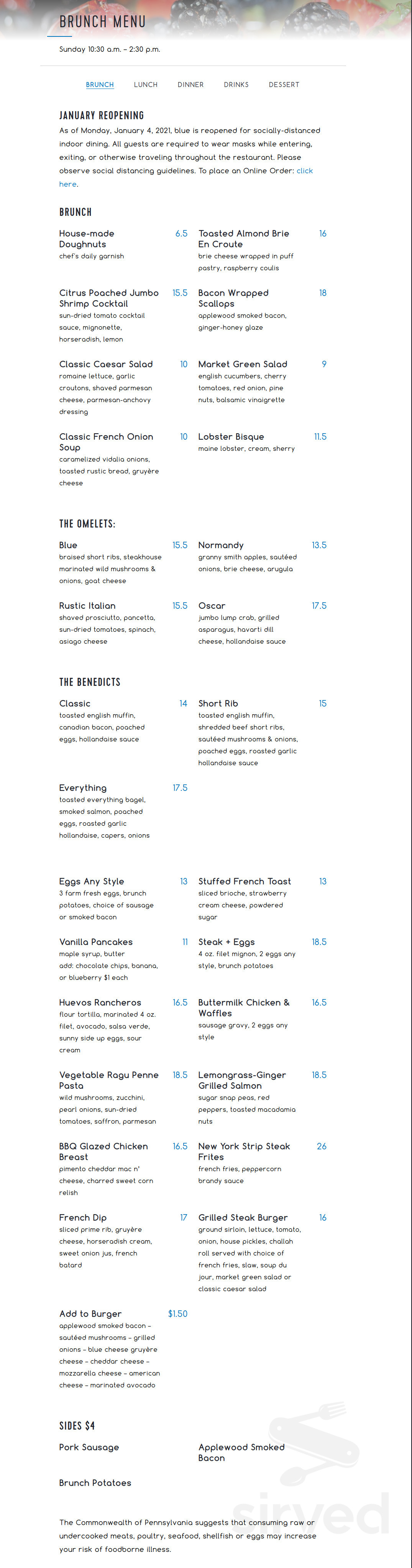 Menu for blue grillhouse in Bethlehem, PA | Sirved