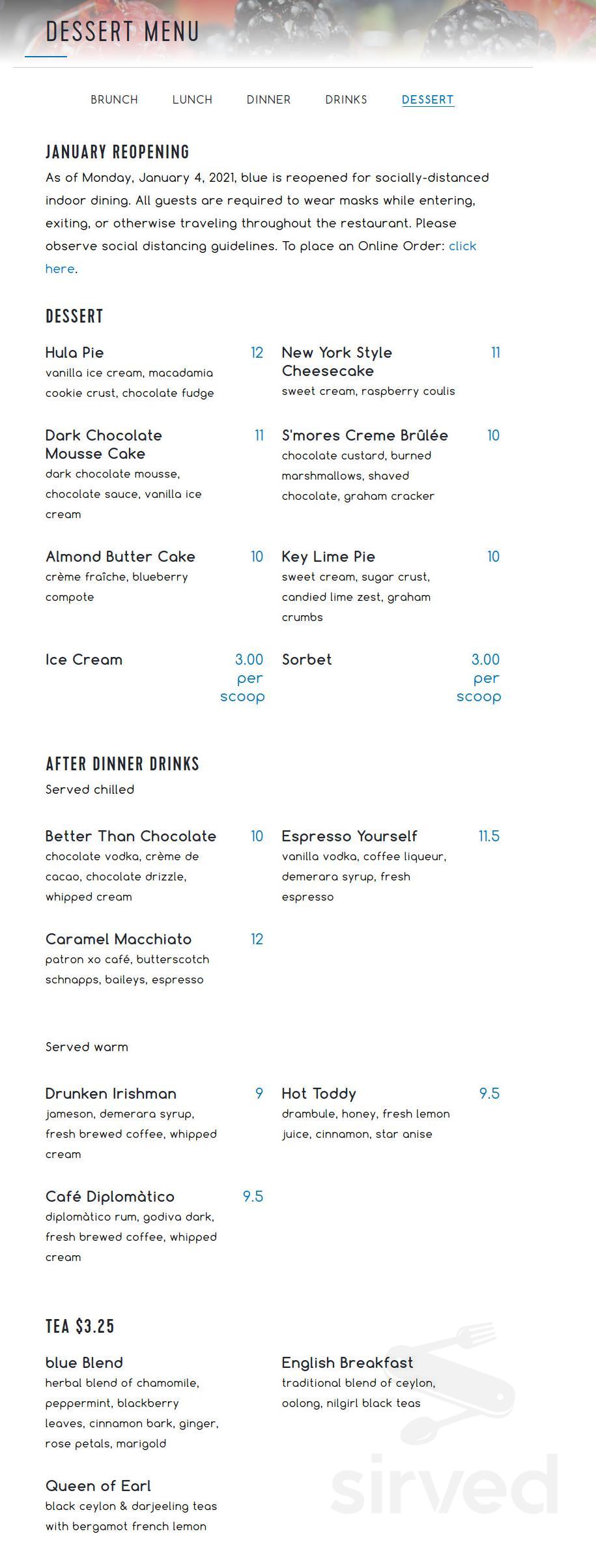 Menu for blue grillhouse in Bethlehem, PA | Sirved