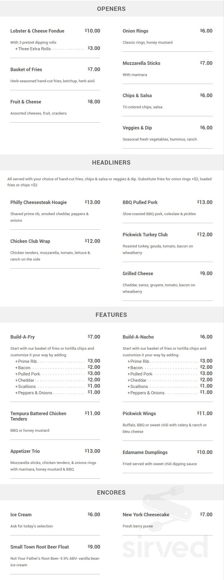 Pickwick & Frolic Restaurant and Club menu in Cleveland, Ohio, USA