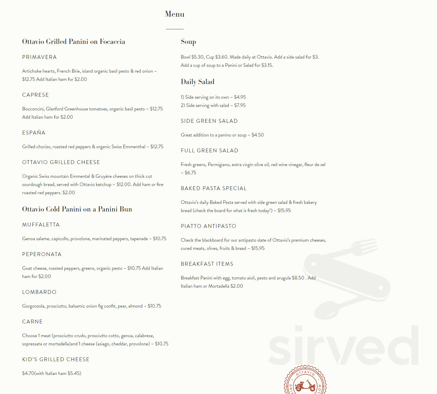 Ottavio Italian Bakery & Delicatessen Cafe menu in Victoria, British ...