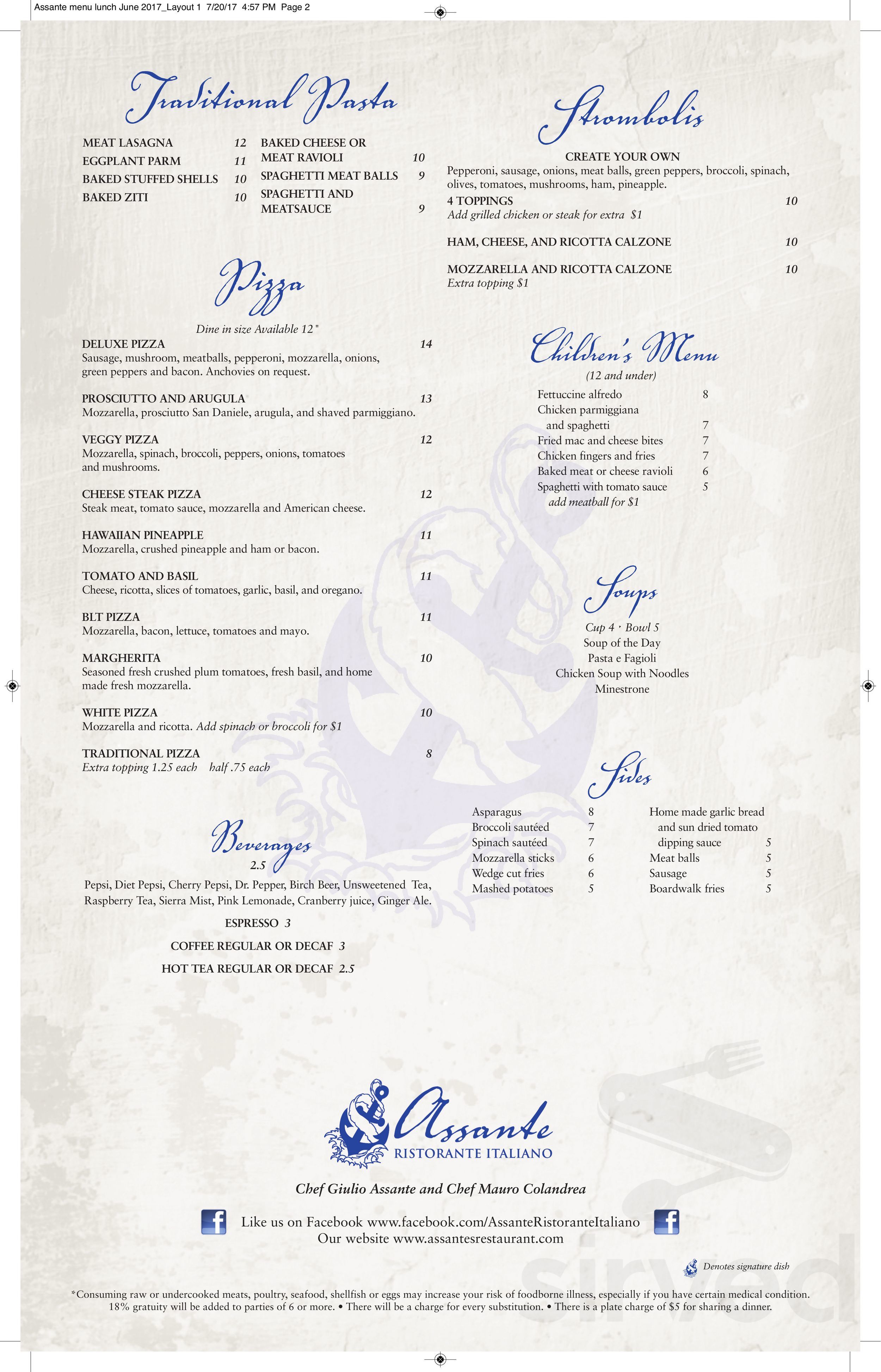 Assante Ristorante Italiano menu in Northampton, Pennsylvania, USA