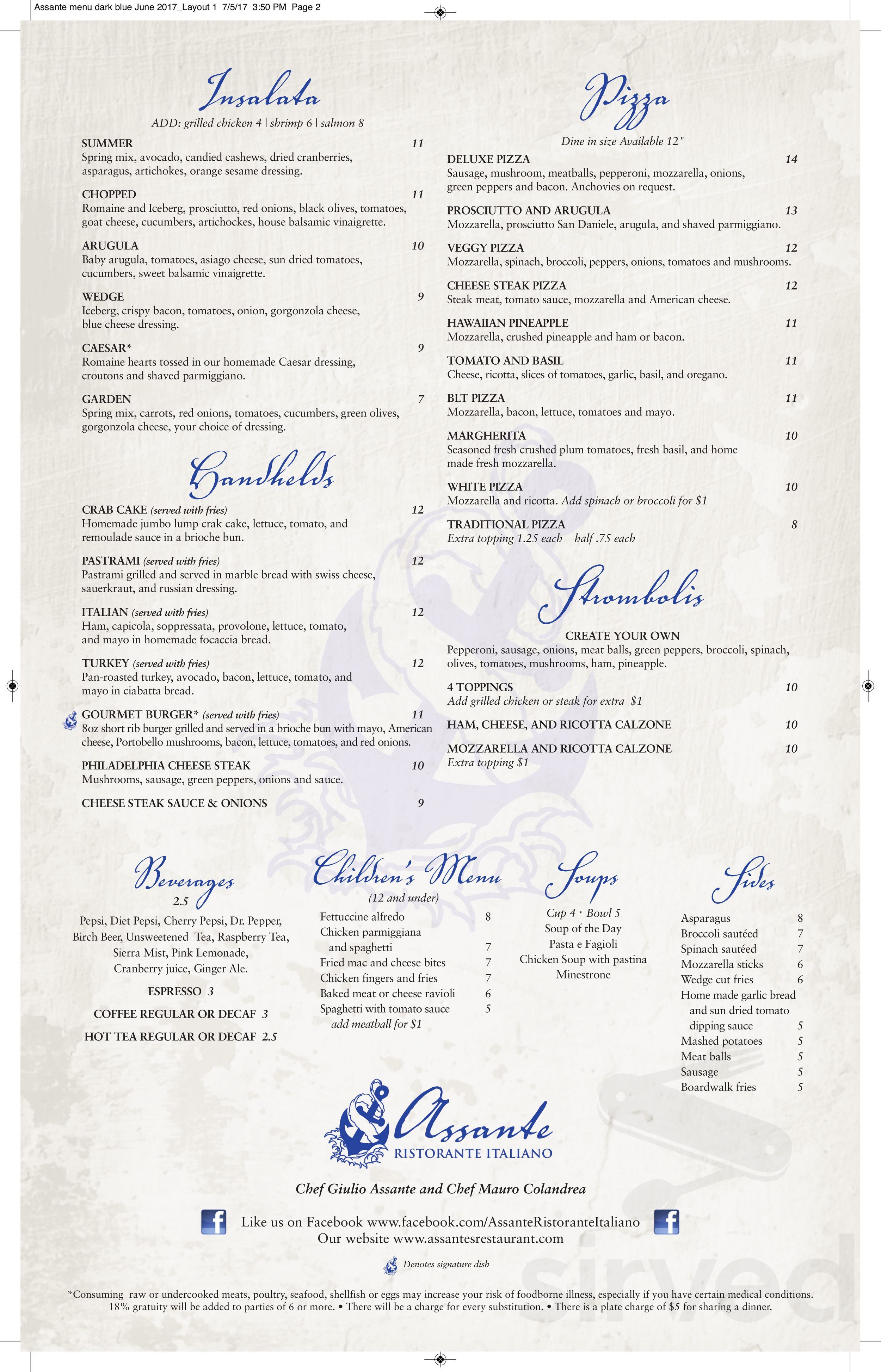 Assante Ristorante Italiano menu in Northampton, Pennsylvania, USA