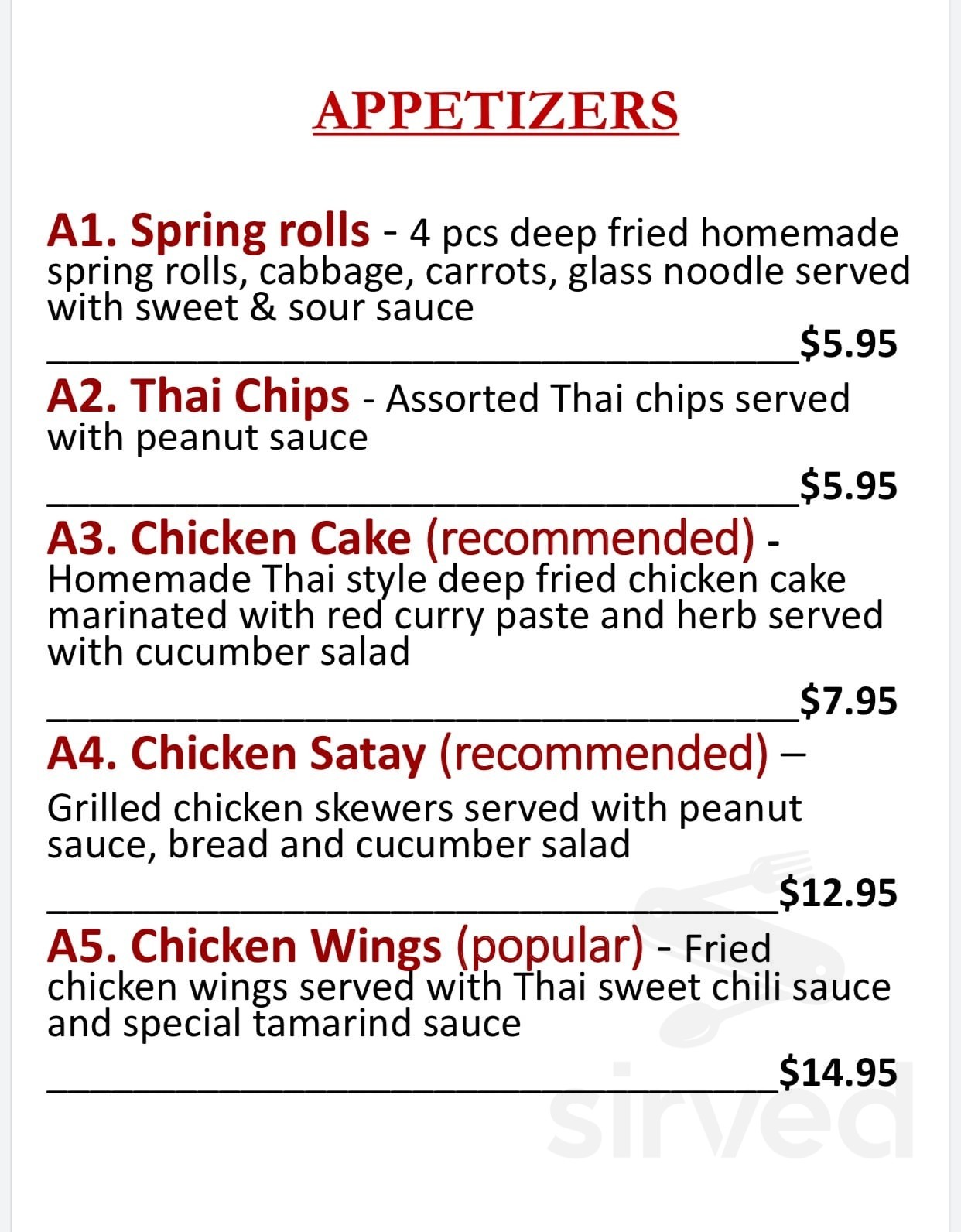 Rak Thai Kitchen menu in Paisley, Ontario, Canada