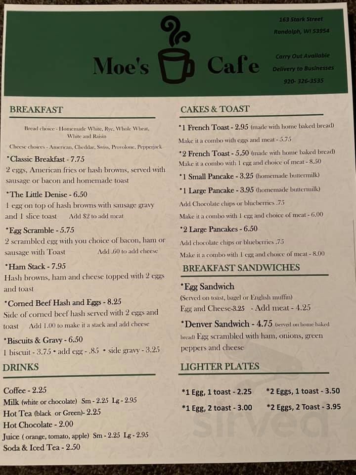 Moe's Cafe menu in Randolph, Wisconsin, USA