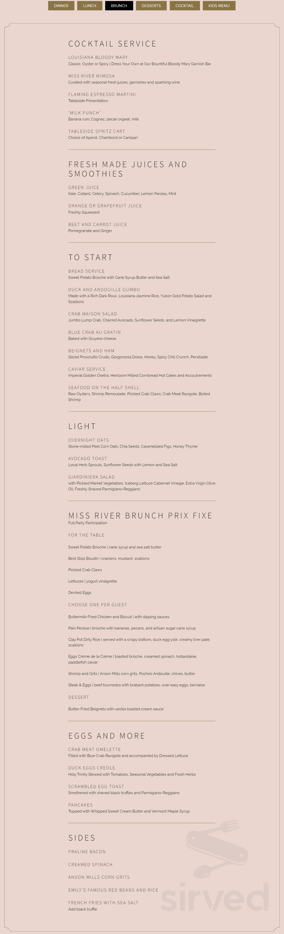 Miss River menu in New Orleans, Louisiana, USA