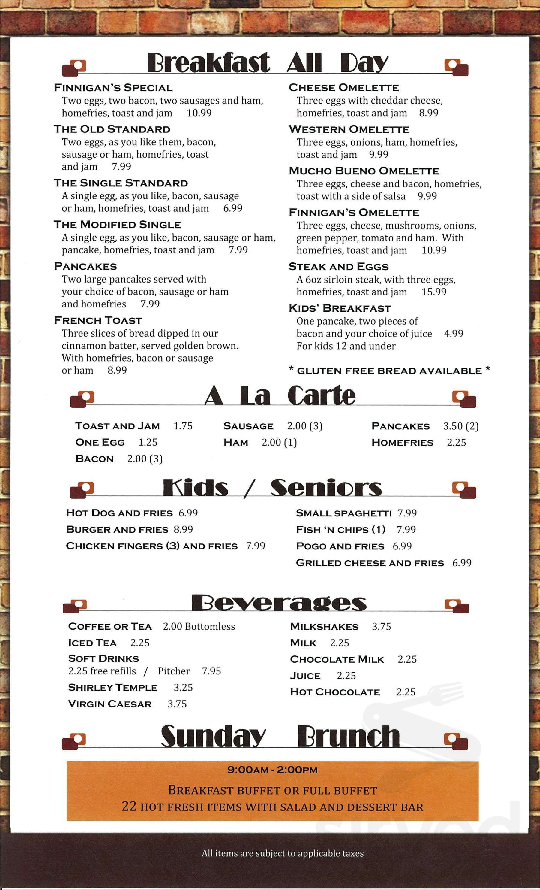 Finnigan's Roadhouse Renfrew menu in Renfrew, Ontario, Canada