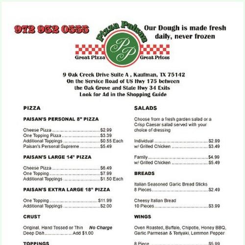 Pizza Paisan menu in Kaufman, Texas, USA