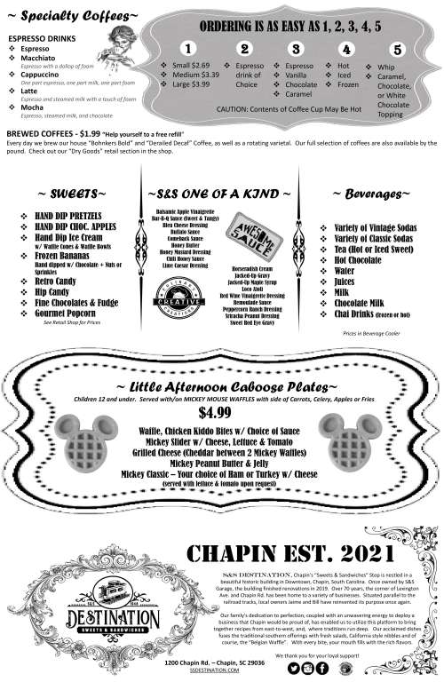 S&S Destination menu in Chapin, South Carolina, USA