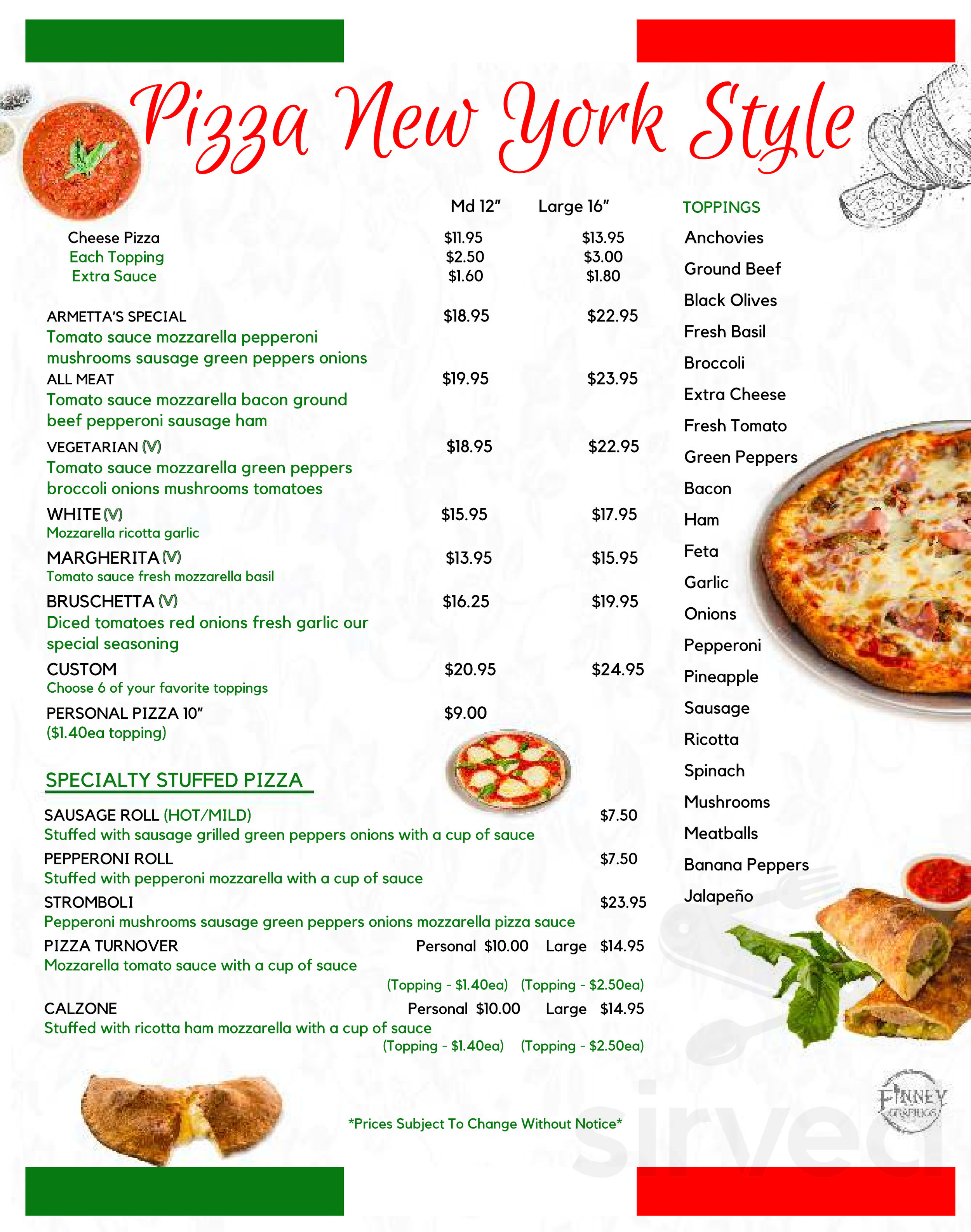 Tony's Pizza menu in Manassas, Virginia, USA