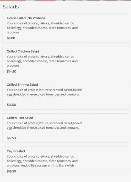 The Cajun Asian Restaurant menu in Shreveport, Louisiana, USA