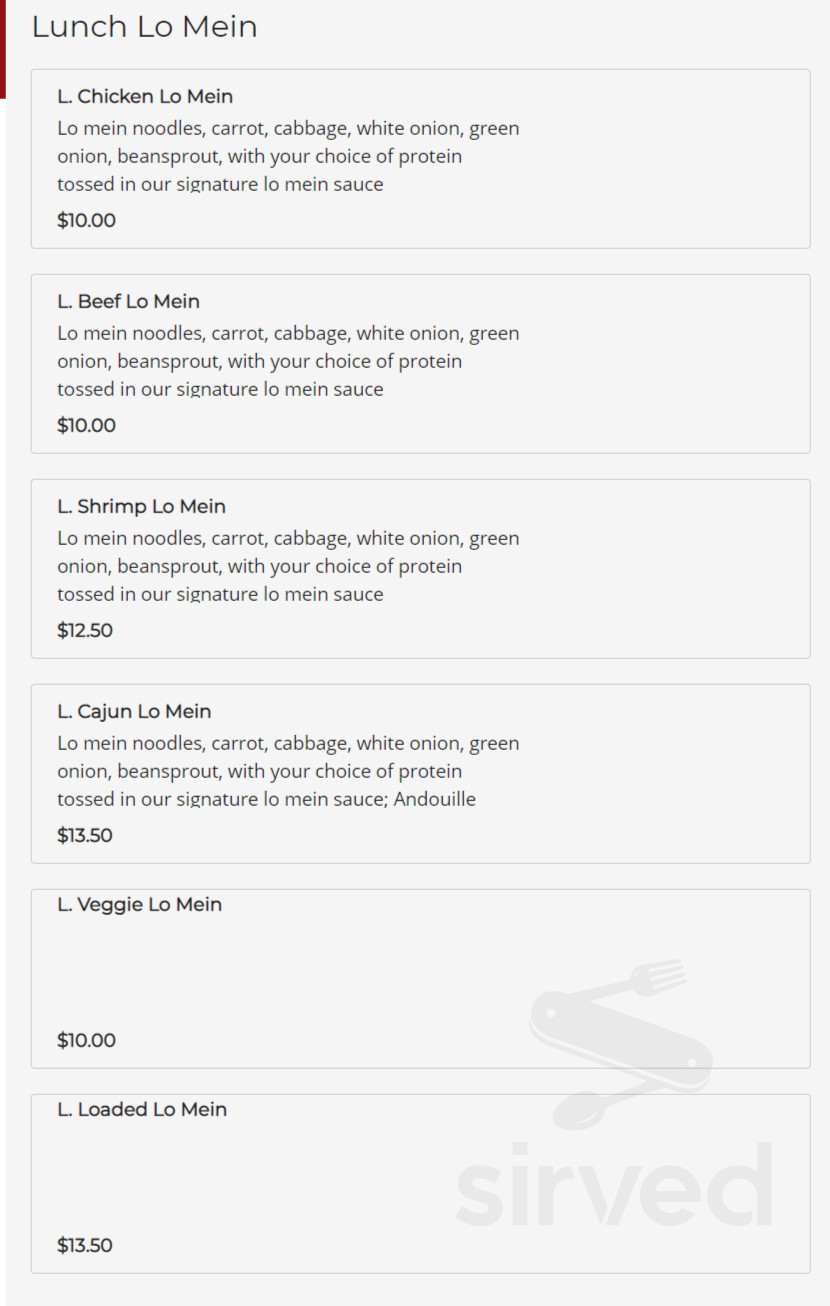 The Cajun Asian Restaurant menu in Shreveport, Louisiana, USA