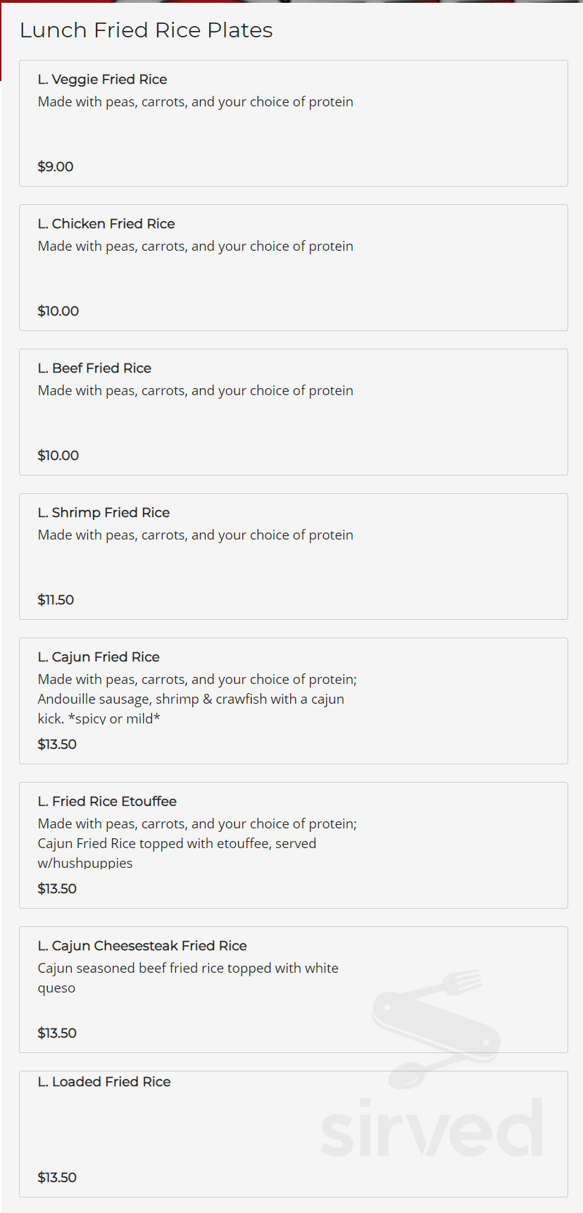 The Cajun Asian Restaurant menu in Shreveport, Louisiana, USA