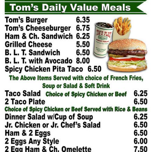 Tom's Place menu in Costa Mesa, California, USA