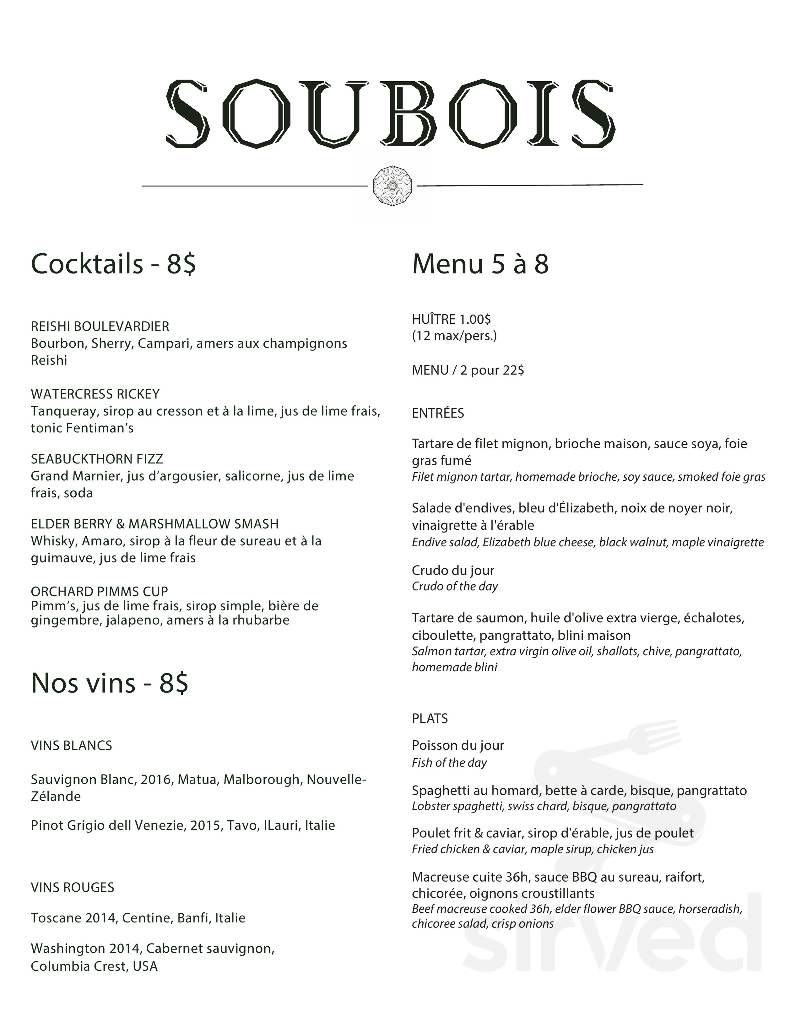 Soubois Restaurant menu in Montreal, Quebec, Canada