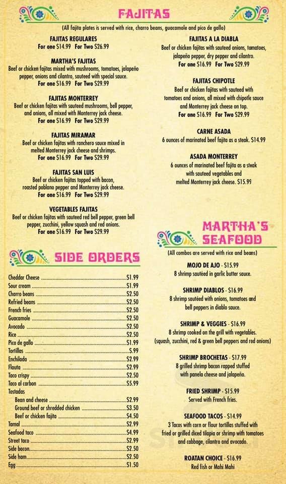 Martha's Mexican Restaurant & Grill menu in Tomball, Texas, USA