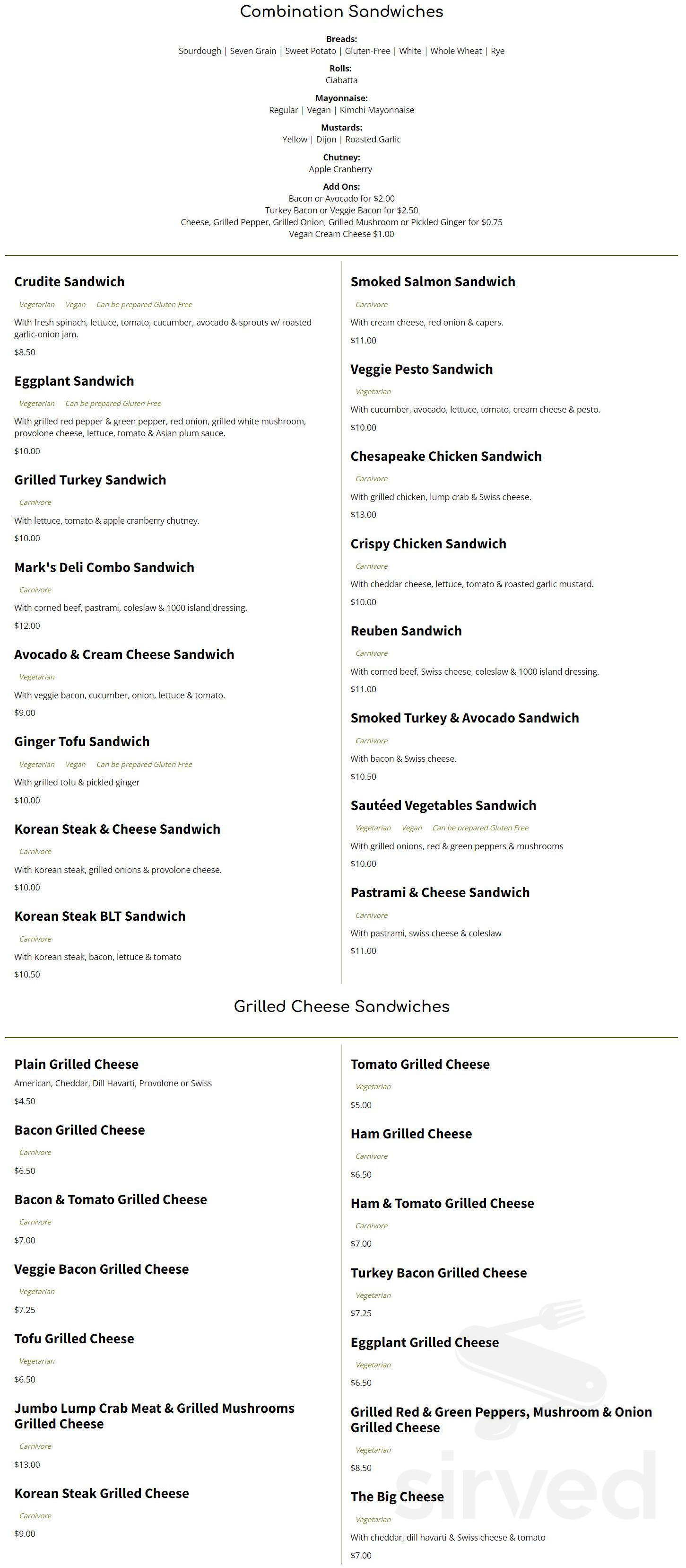 Mark's Kitchen menu in Takoma Park, Maryland, USA
