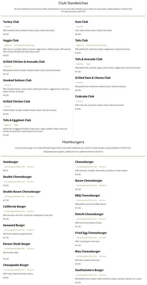 Mark's Kitchen menu in Takoma Park, Maryland, USA