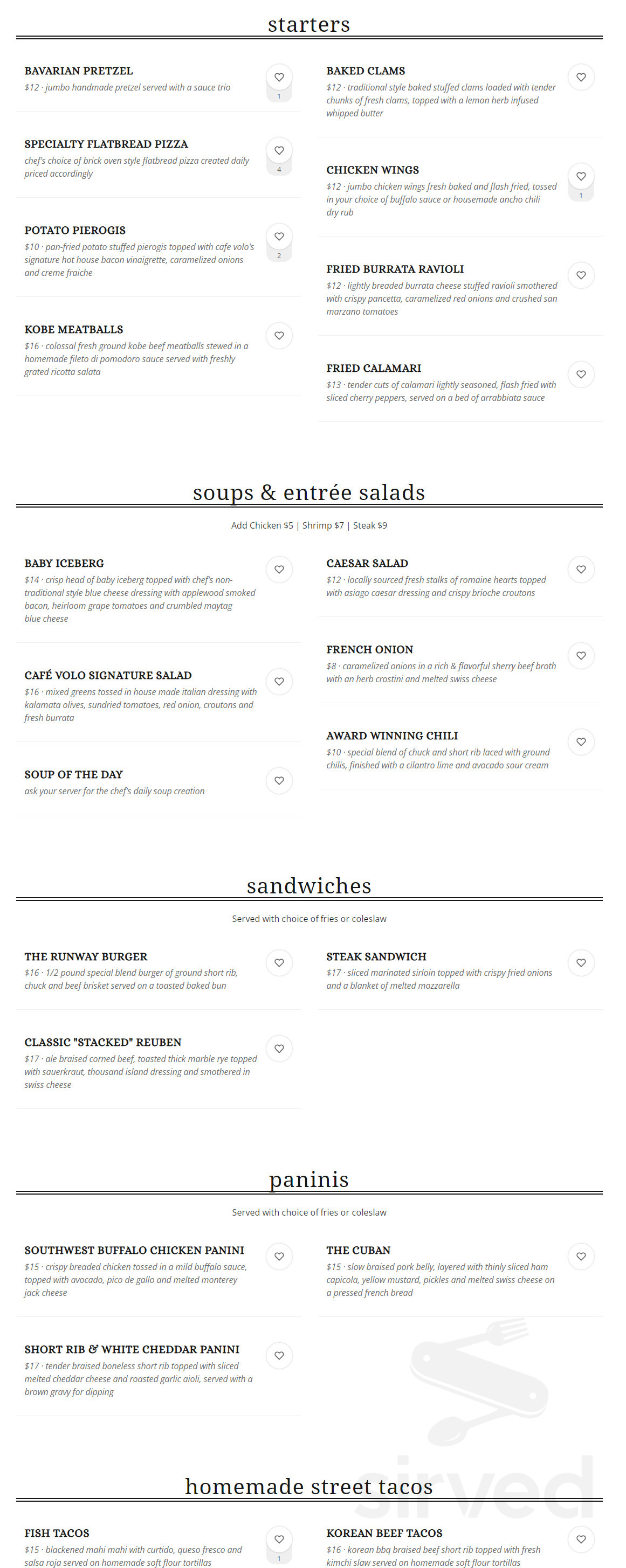 Cafe Volo menu in Westhampton Beach, New York, USA