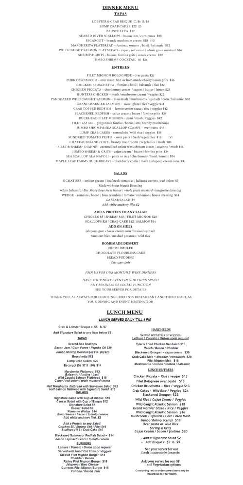 Currents Third Space menu in Tarpon Springs, Florida, USA