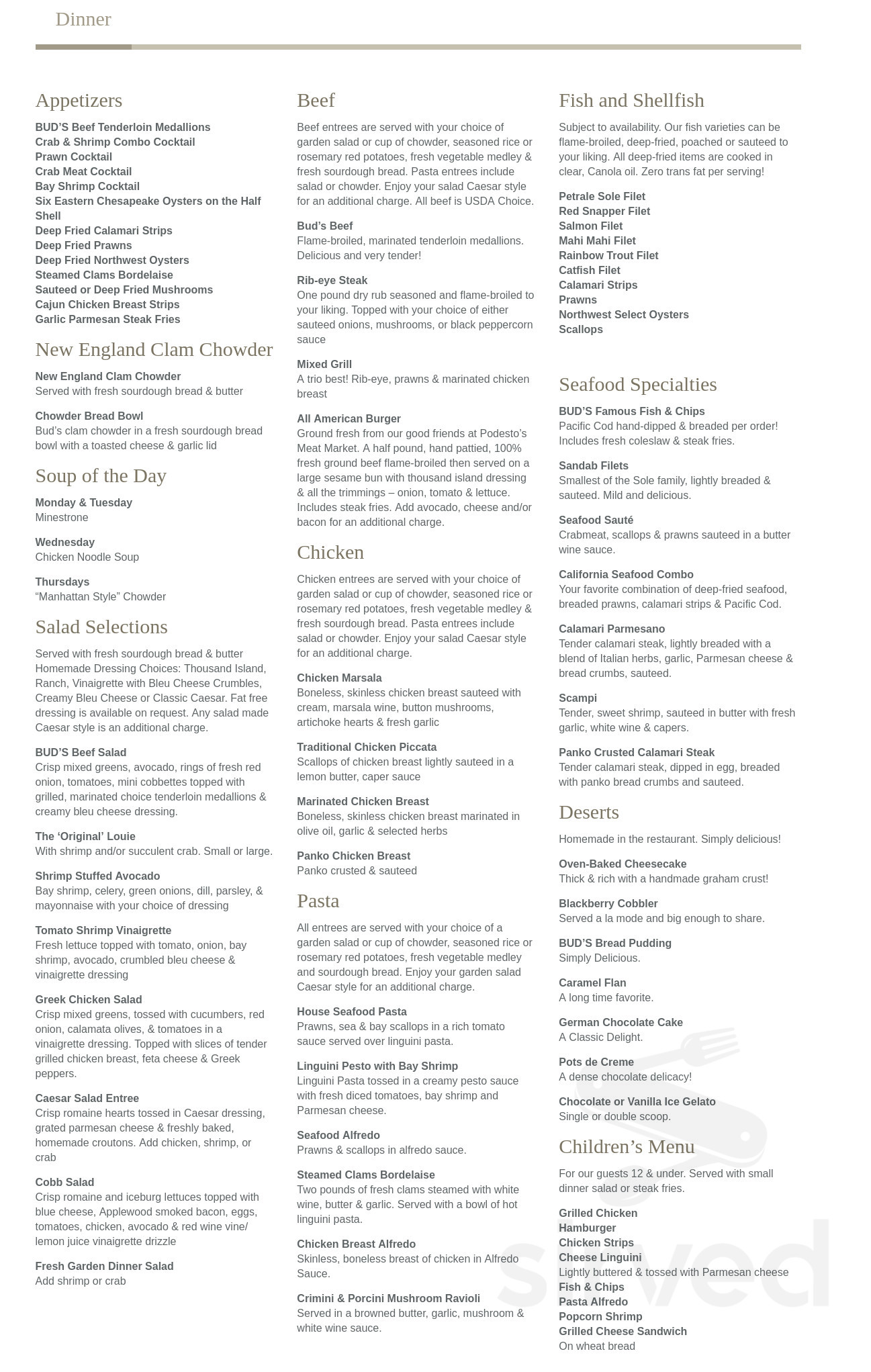 Bud's Seafood Grille menu in Stockton, California, USA