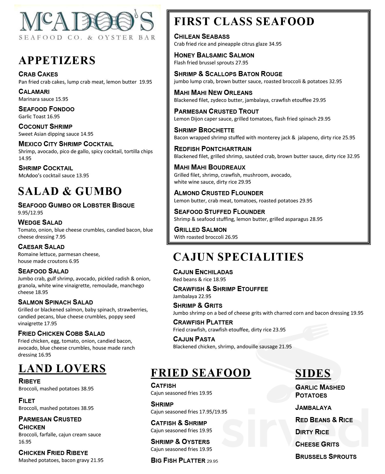 McAdoo's Seafood Company menu in New Braunfels, Texas, USA