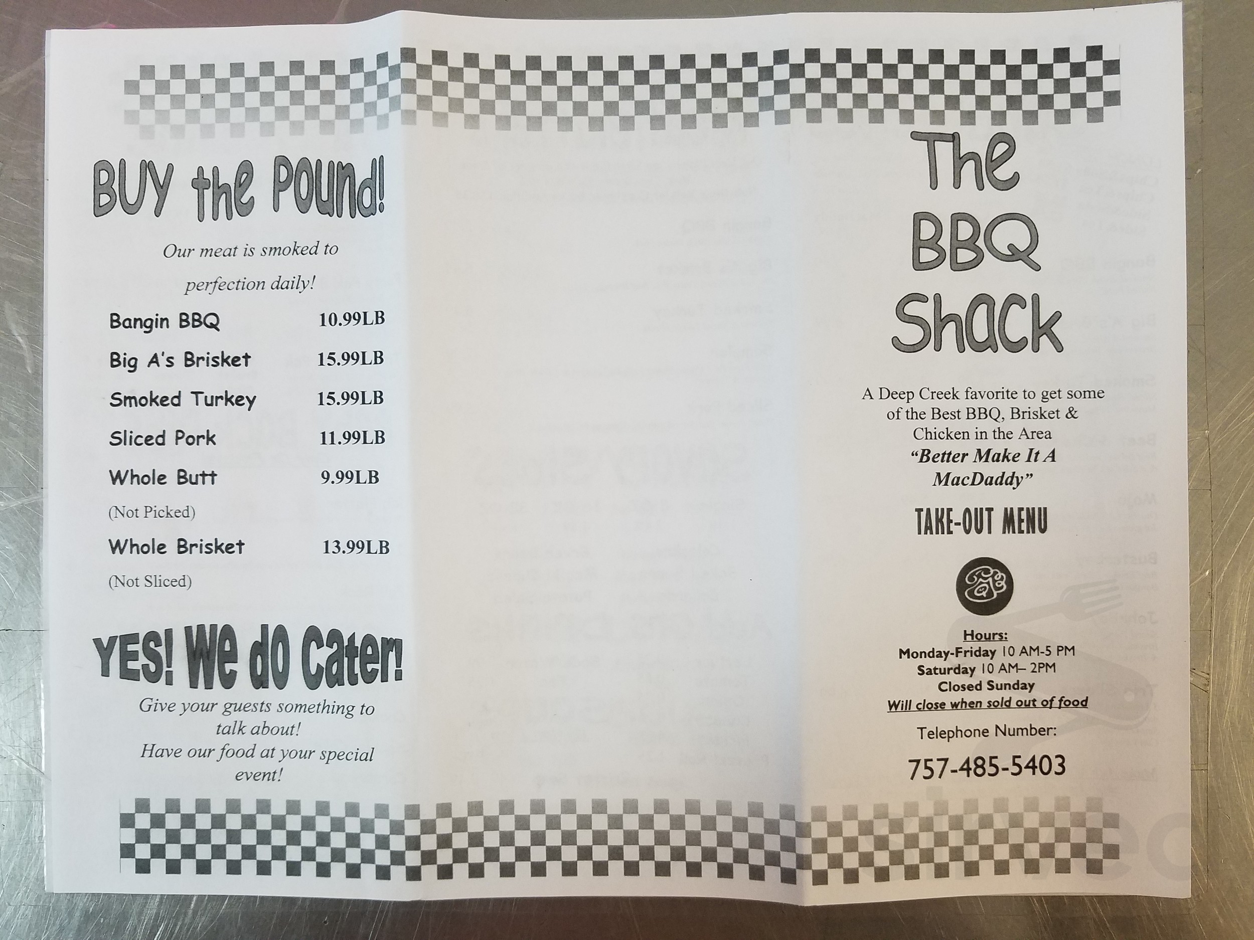 The BBQ Shack menu in Chesapeake, Virginia, USA