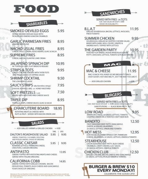 The Low Road menu in Gresham, Oregon, USA