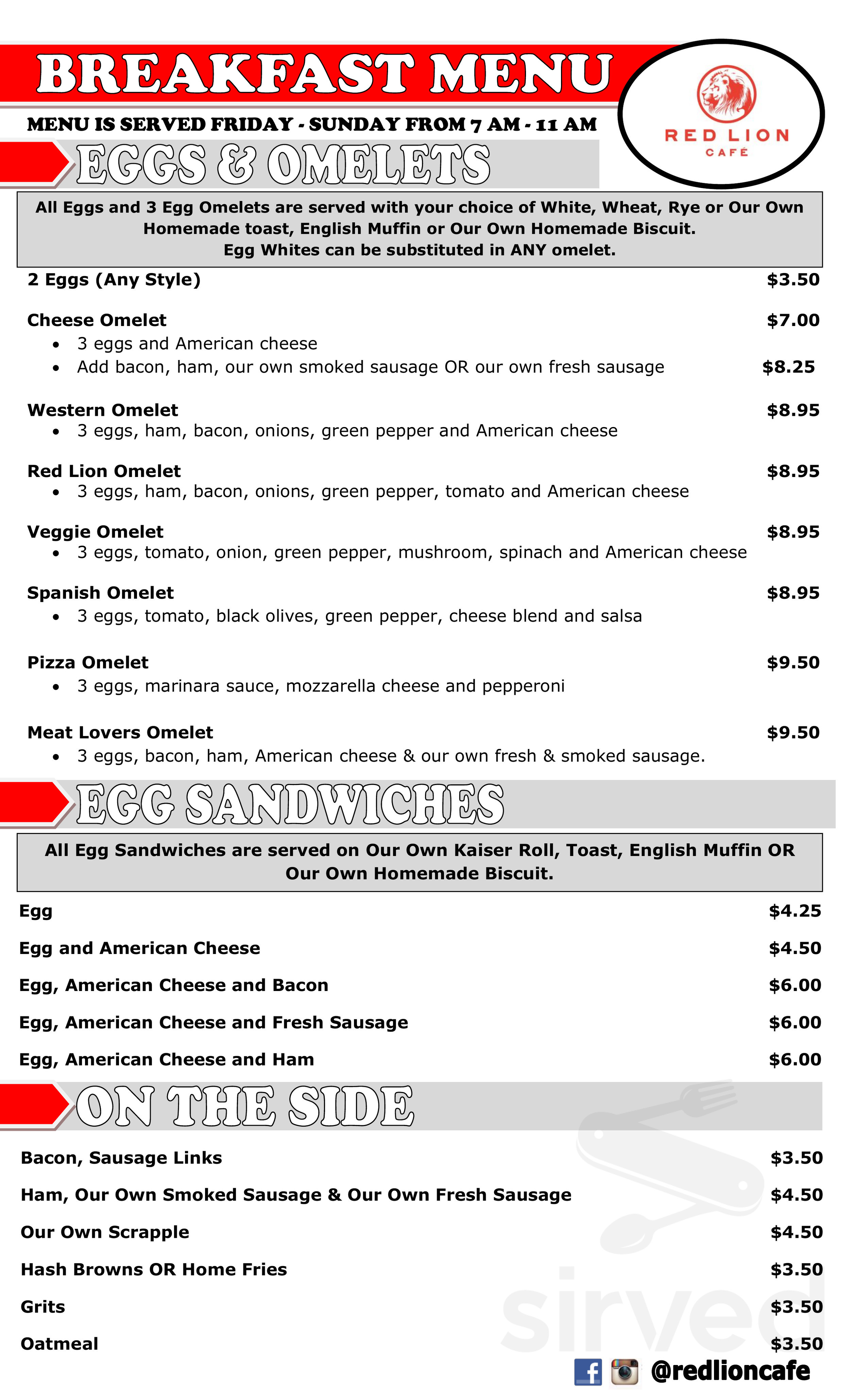 Menu for Red Lion Cafe Inc in Pine Grove, PA | Sirved