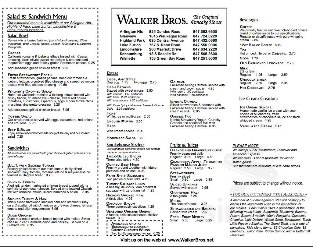 Walker Bros. Original Pancake House menu in Highland Park, Illinois, USA