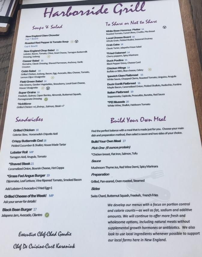 Harborside Grill and Patio menu in Boston, Massachusetts, USA