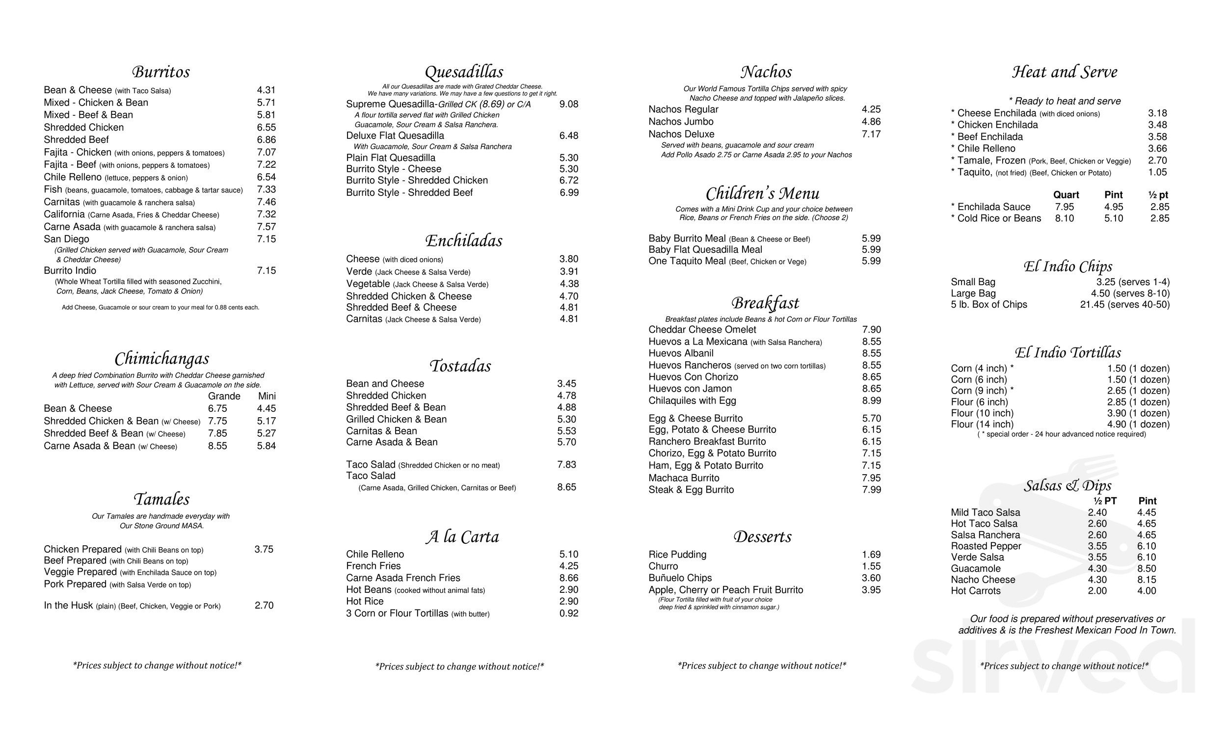 El Indio Mexican Restaurant and Catering menu in San Diego, California, USA