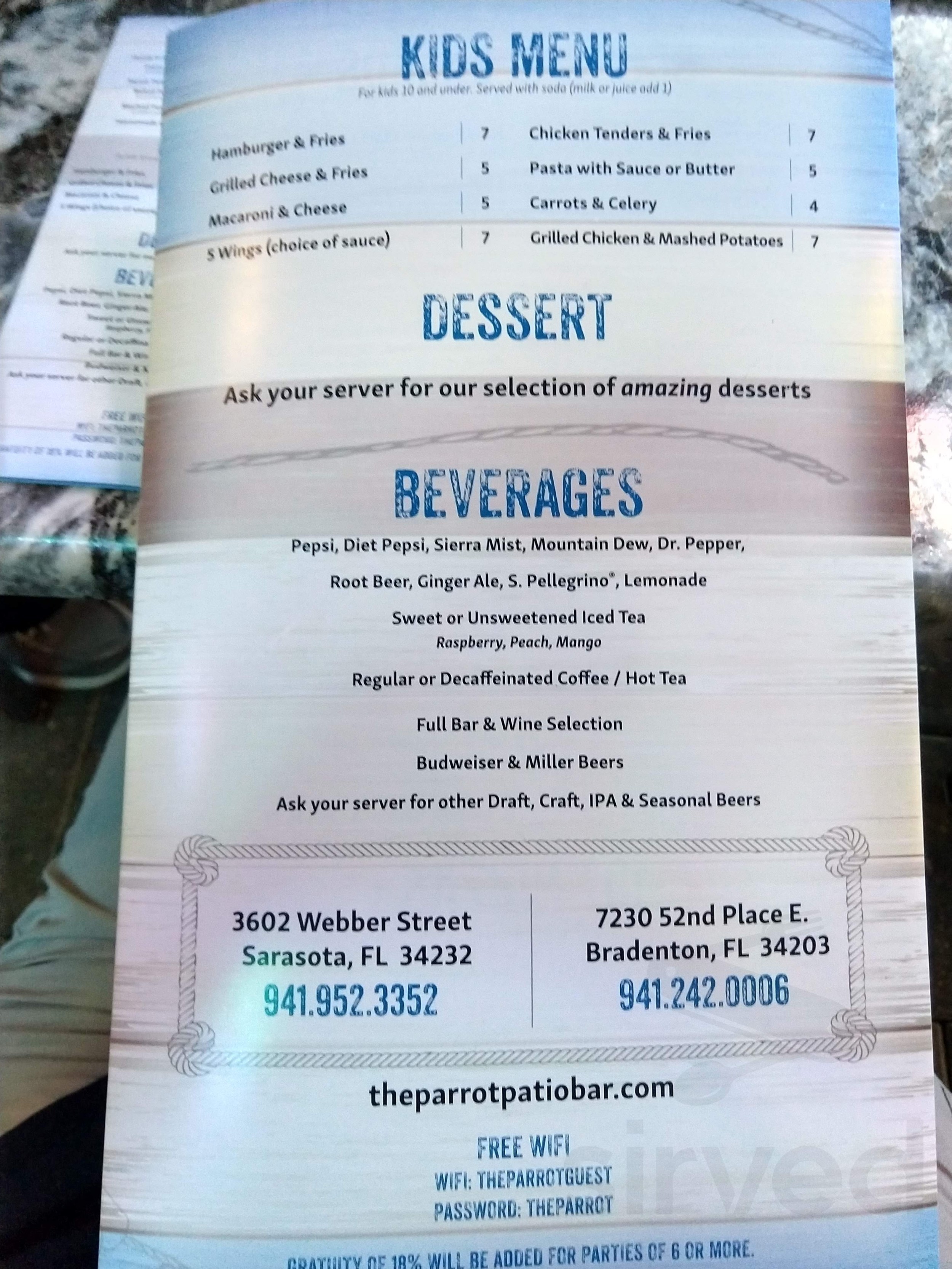 The Parrot Patio Bar & Grill menu in Bradenton, Florida, USA