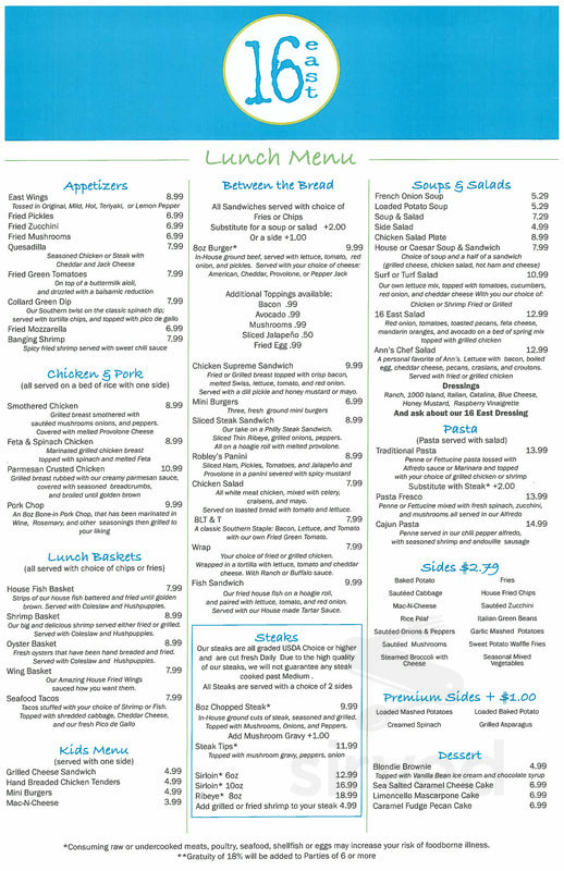 16 East Bar and Grill menus in Cordele, Georgia, United States