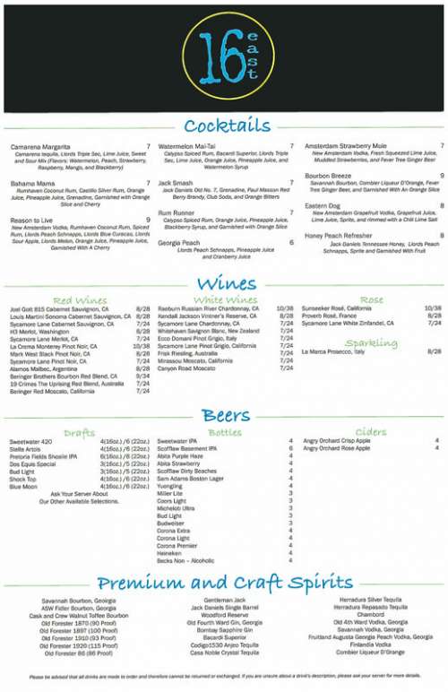 16 East Bar and Grill menu in Cordele, Georgia, USA