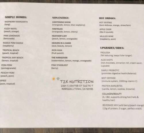 T2K Nutrition menu in Marshalltown, Iowa, USA